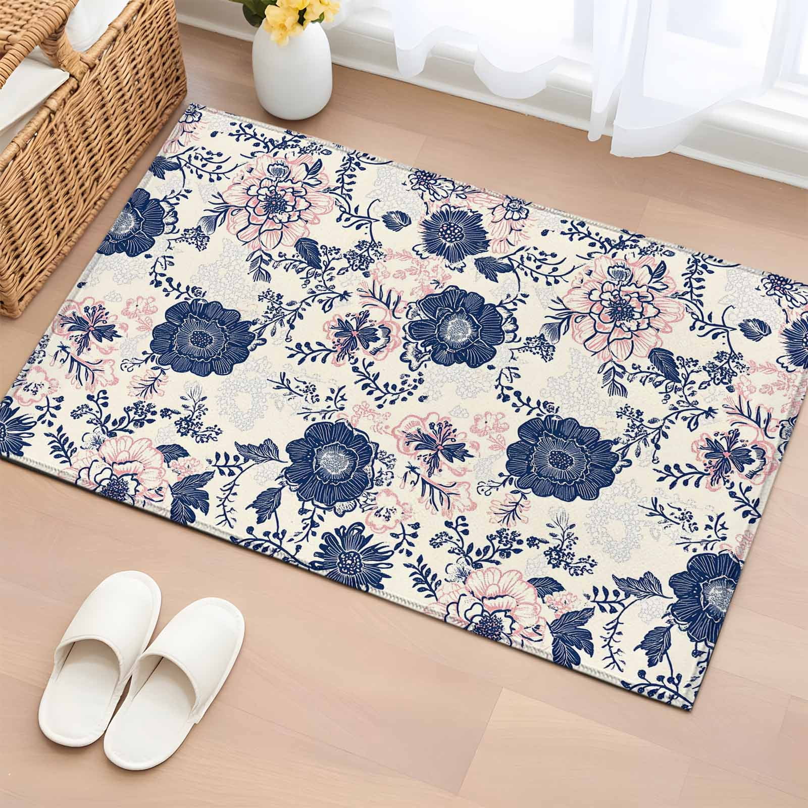 Navy Blue Floral Bathroom Rug Washable 2x3 Entryway Rug Non Slip ...