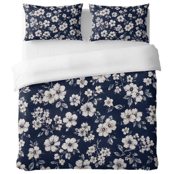 Navy Blue Floral California King Duvet Cover Set, Boho Country Coastal ...