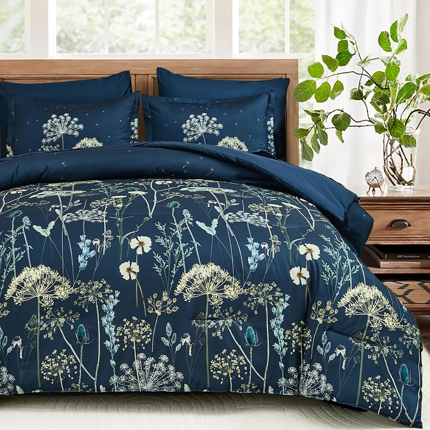 Navy Blue Floral Comforter Set King Size, 7 Piece Dandelion Botanical ...