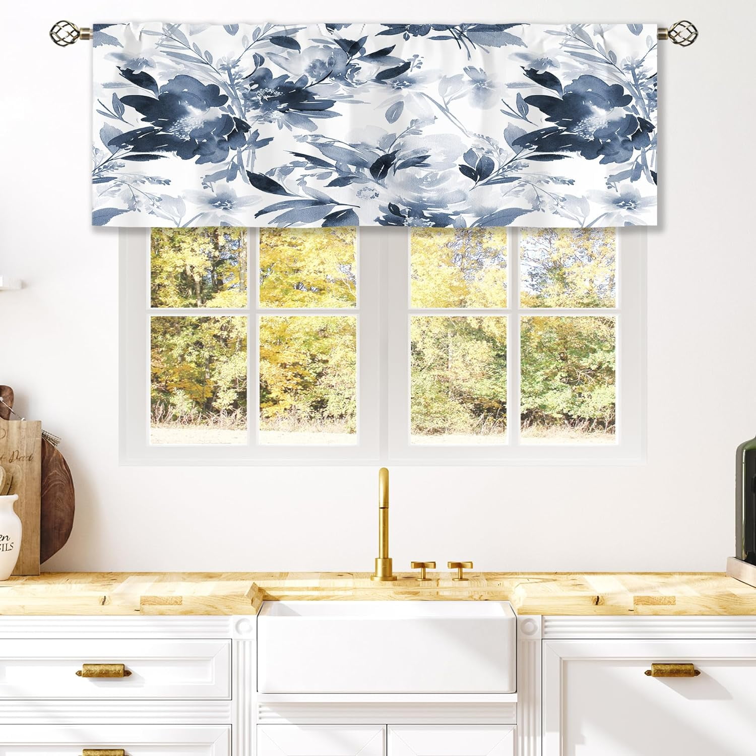Navy Blue Floral Curtain Valance for Window Treatments Watercolor ...