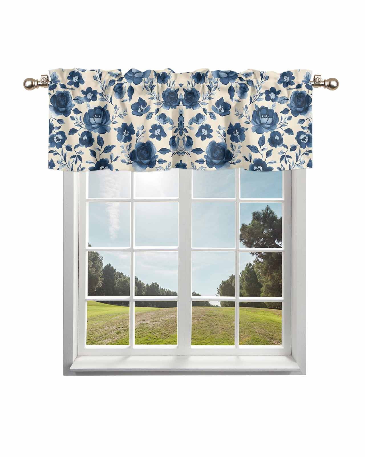 Navy Blue Floral Curtain Valance for Windows/Living Room/Kitchen ...
