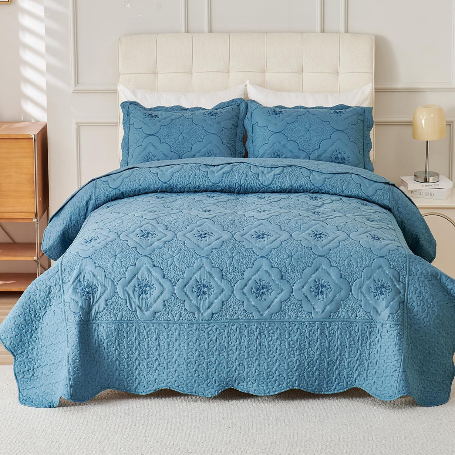 Navy Blue Floral Embroidery Quilt Set, 3 Pieces King Size with Classic ...