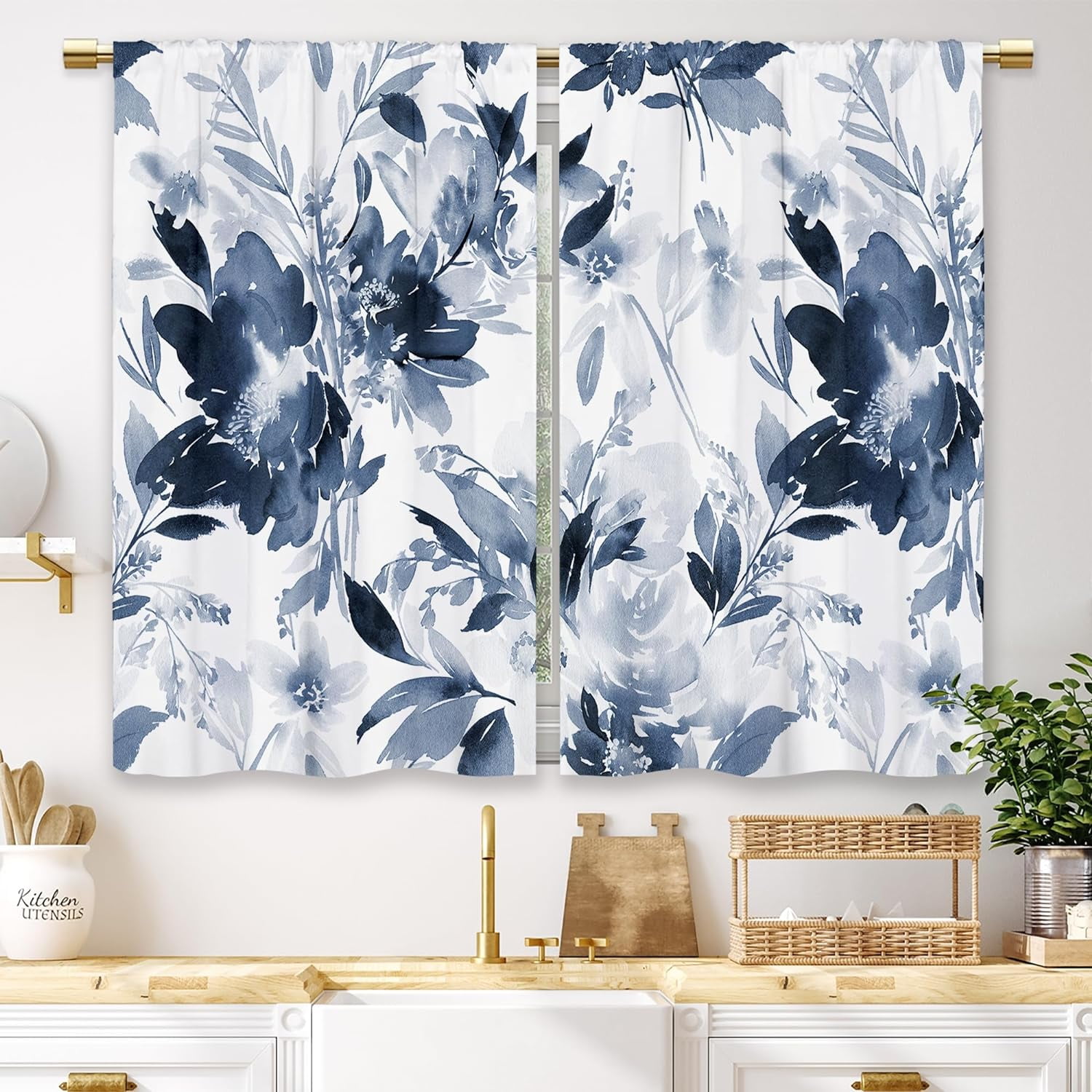 Navy Blue Floral Kitchen Curtains Flower Watercolor Blossom Small Short ...