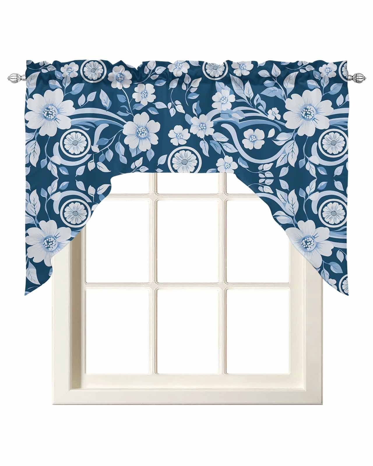 Navy Blue Floral Kitchen Curtains Swag Valance for Windows/Bathroom ...