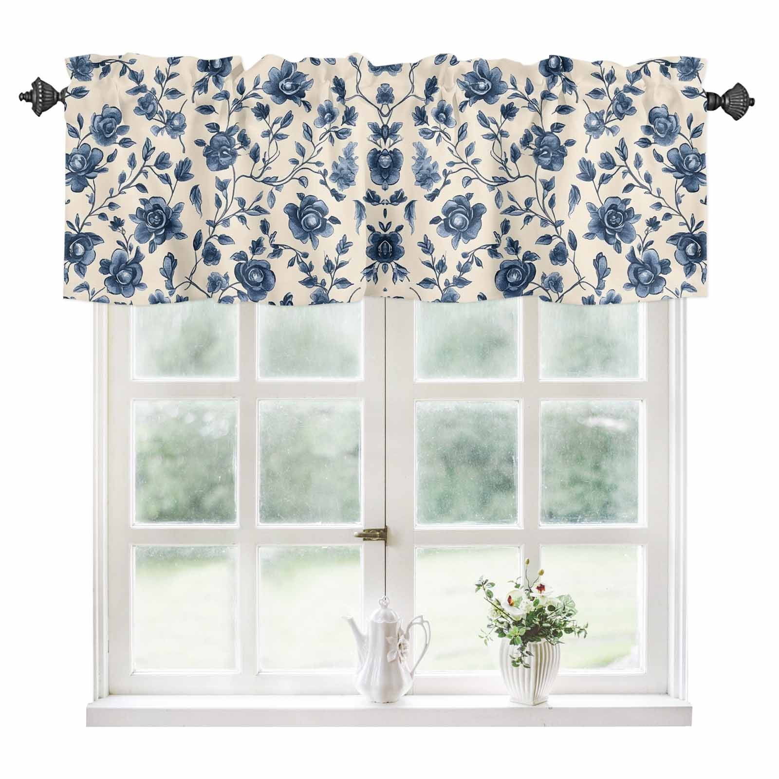 Navy Blue Floral Kitchen Valances for Windows 42x12 Inch Kitchen ...