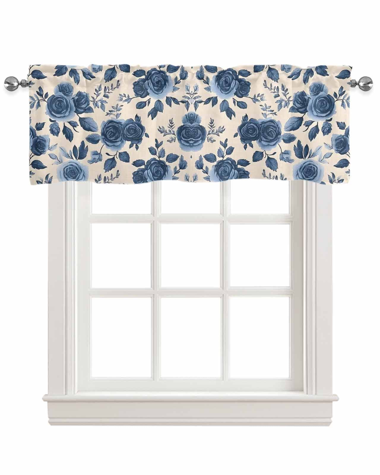 Navy Blue Floral Kitchen Valances for Windows Farmhouse Linen Window ...