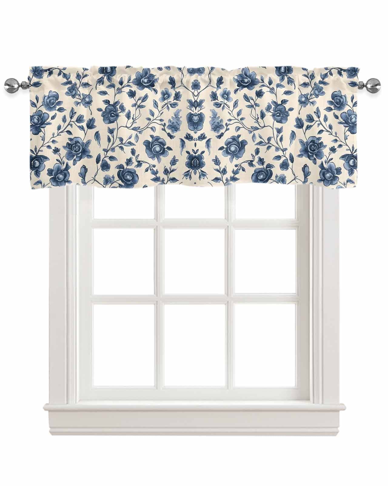 Navy Blue Floral Kitchen Valances for Windows Farmhouse Linen Window ...