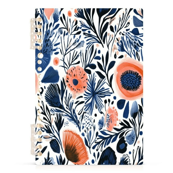 Navy Blue Floral Pattern A5 8.3x5.7in PP Notebook, Adjustable Rings, 60 ...