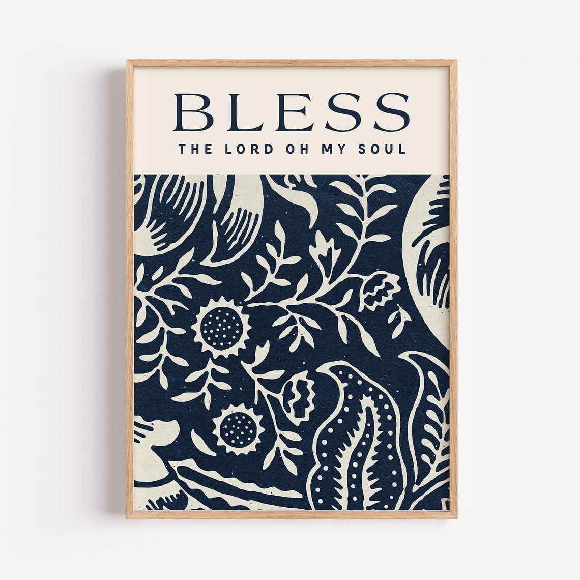 Navy Blue Floral Pattern Christian Wall Art Bless The Lord Bible Verse ...