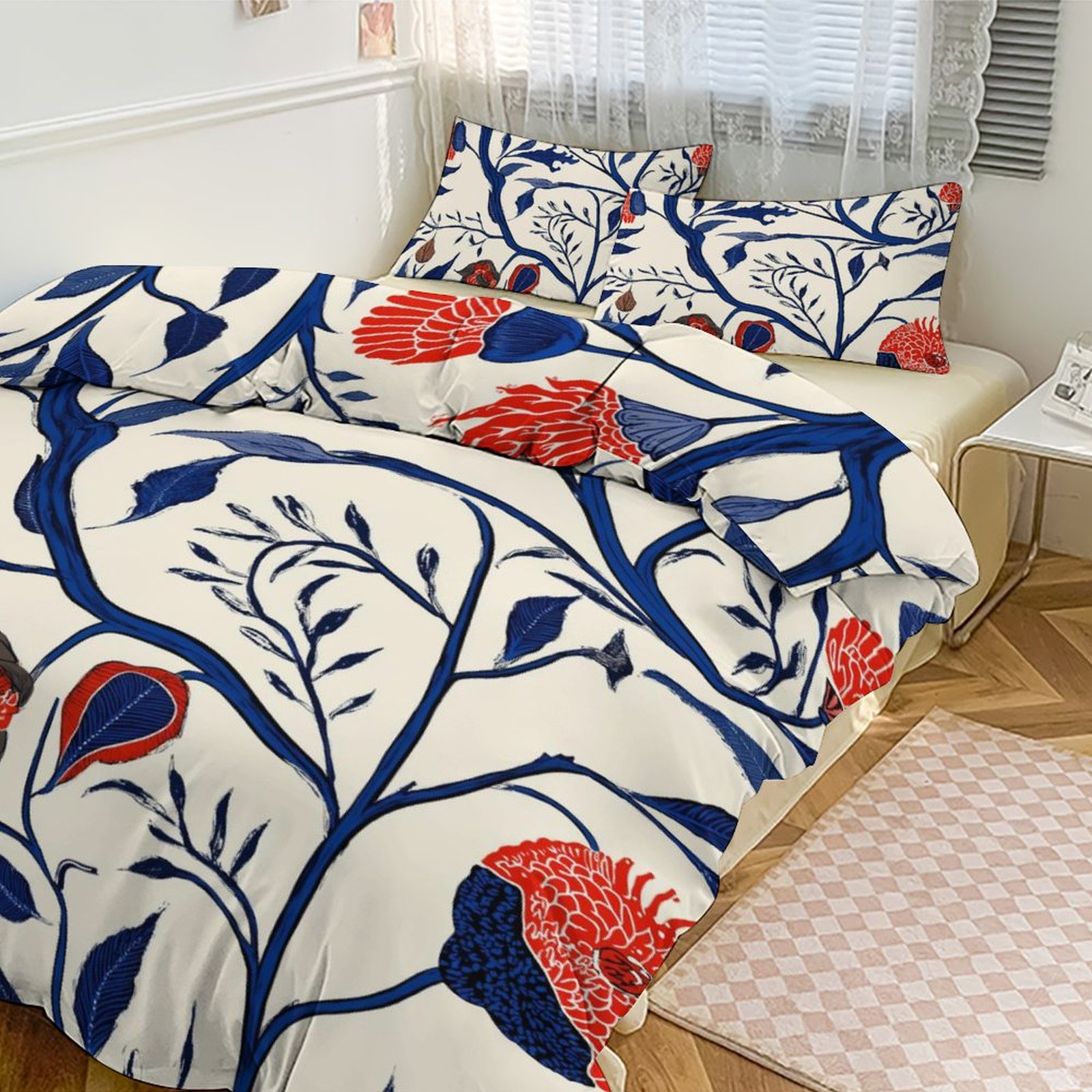 Navy Blue Floral Red Cream Pattern Bedding Sets Twin Duvet Cover 3 ...