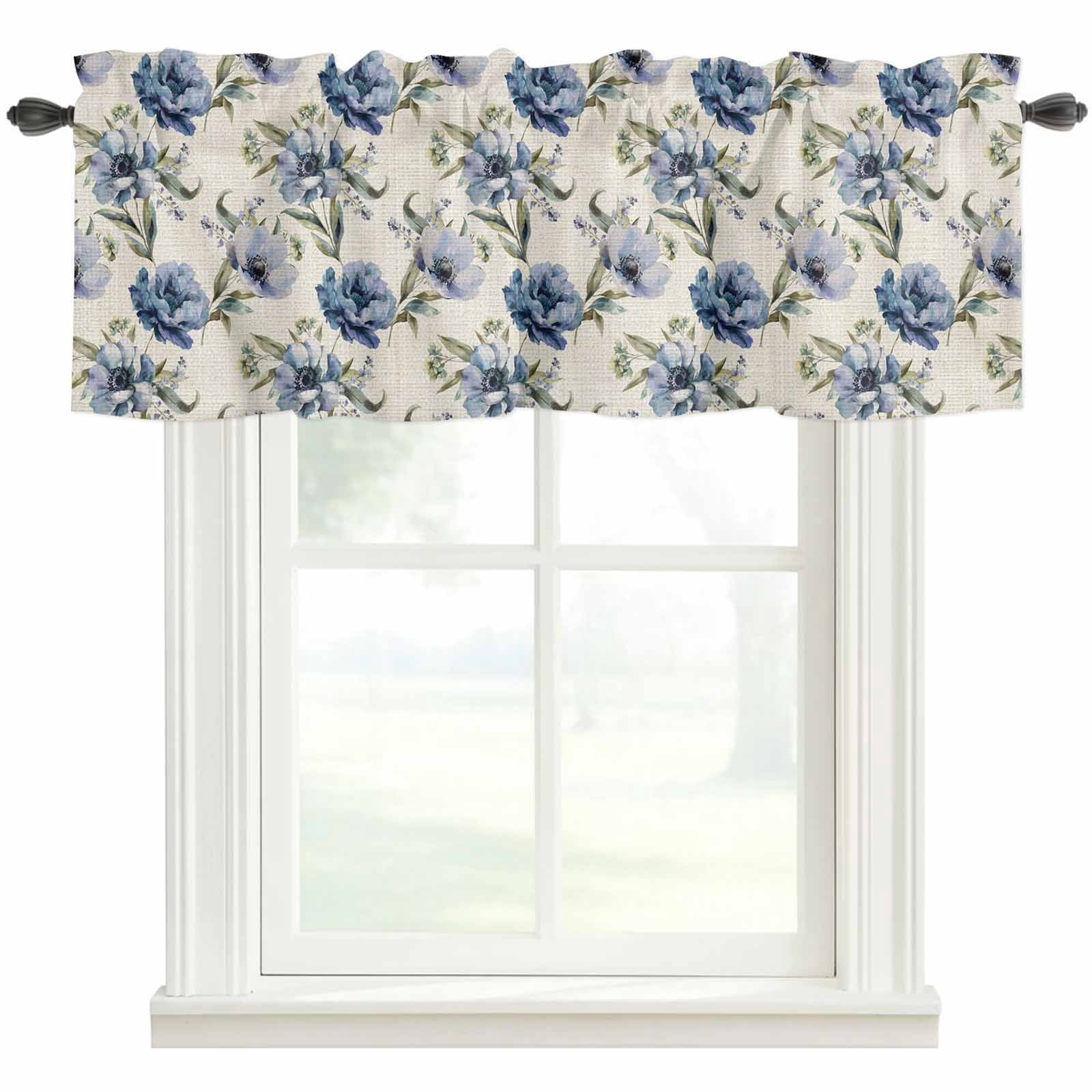 Navy Blue Floral Rod Pocket Curtain Valance, Vintage Flowers Elegant ...