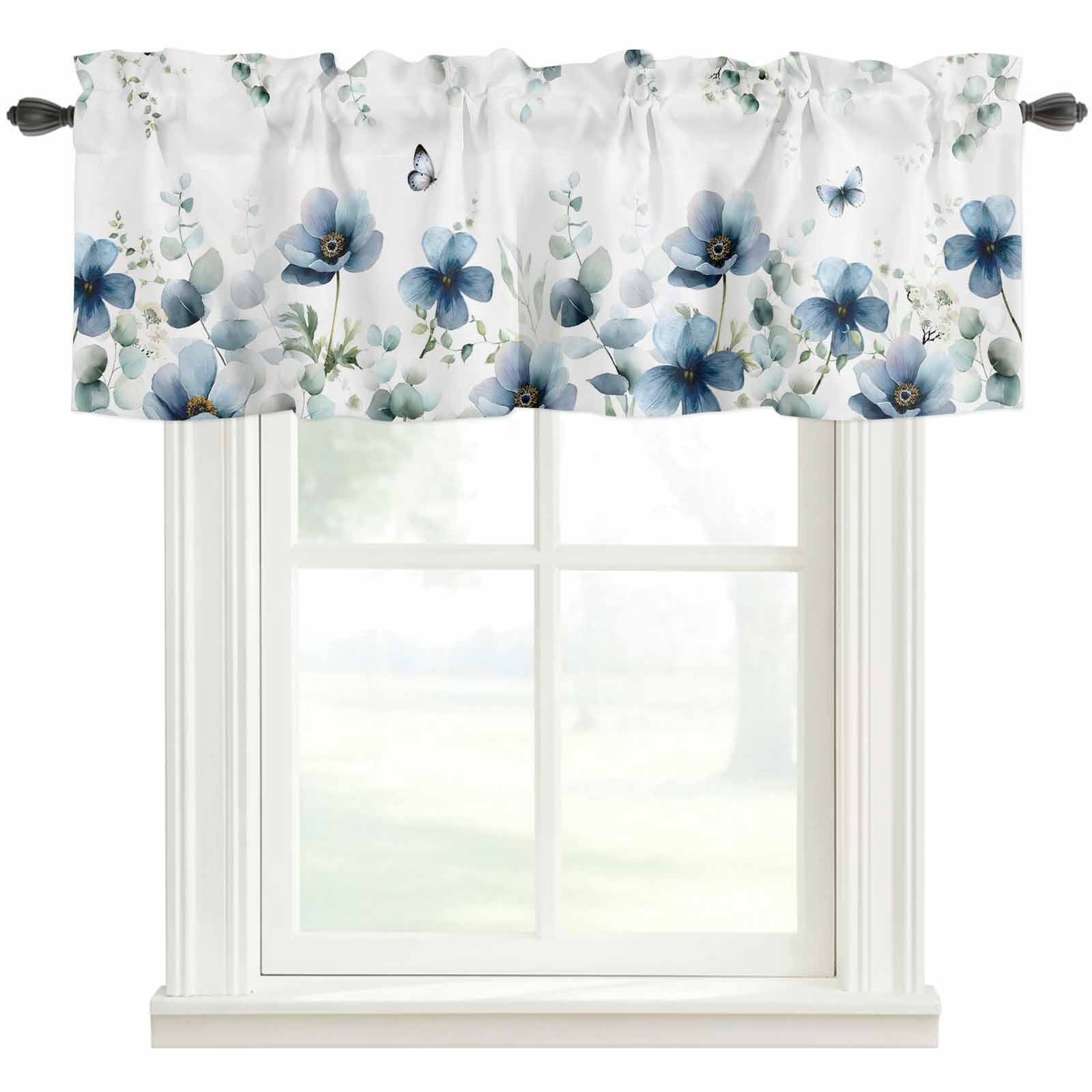 Navy Blue Floral Rod Pocket Curtain Valance, Watercolor Eucalyptus ...