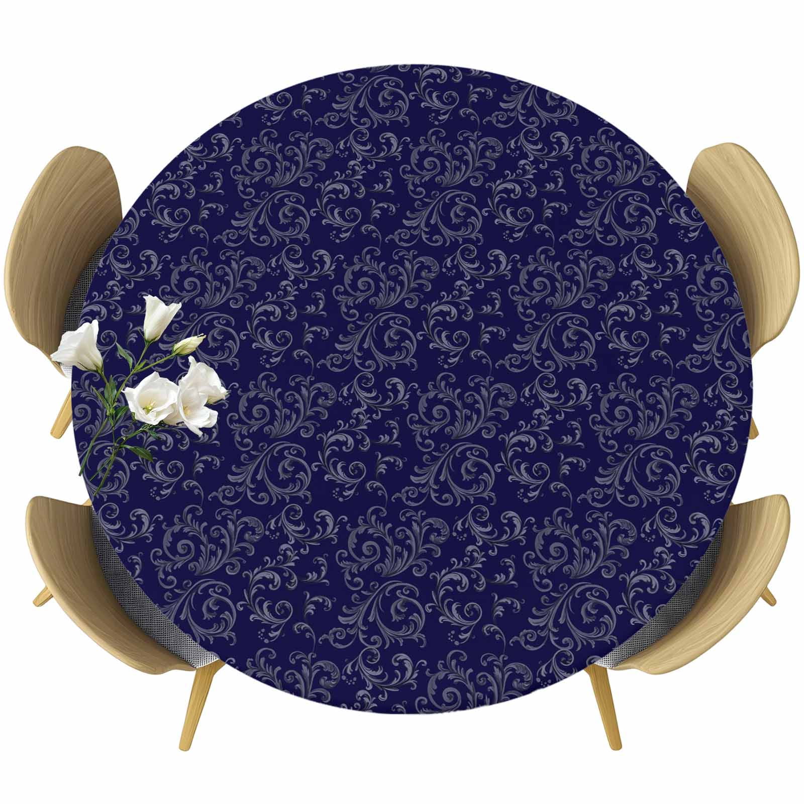 Navy Blue Floral Round Tablecloth, Fitted Table Cover with Elastic for ...