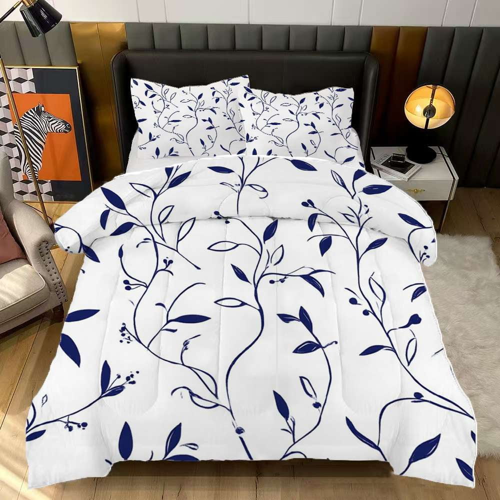 Navy Blue Floral Seamless Pattern Comforter Set Queen Size Bedding Set ...