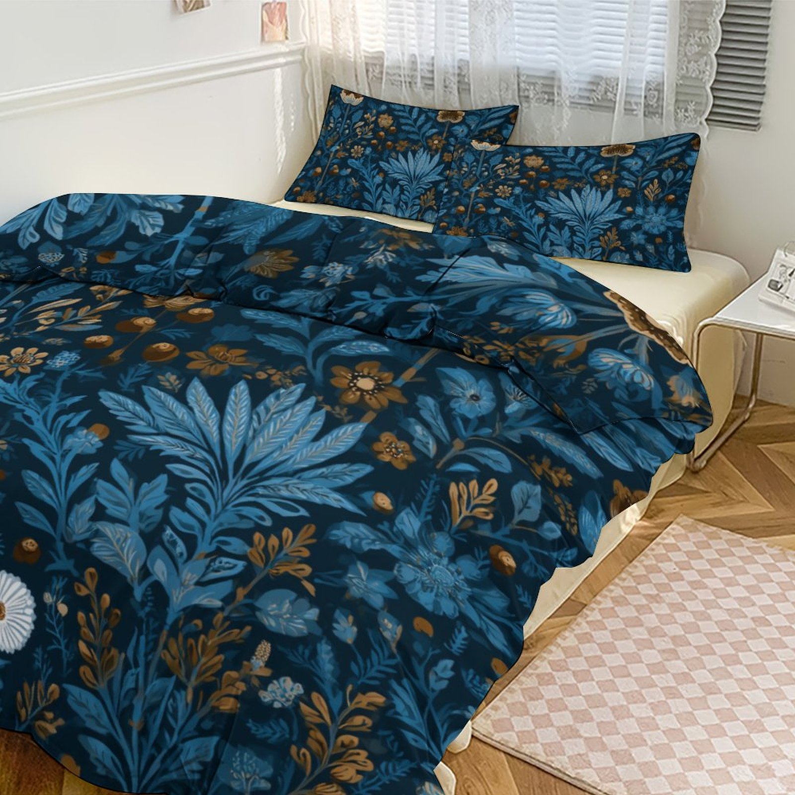 Navy Blue Floral Seamless Pattern Design Bedding Set with Zipper ...