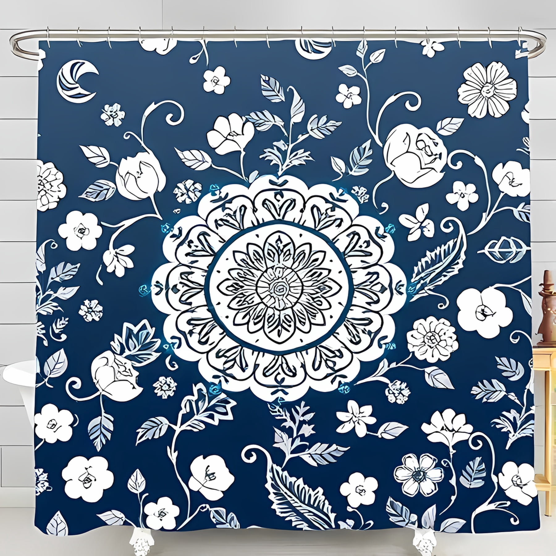 Navy Blue Floral Shower Curtain - Elegant Toile Design for Bathroom ...