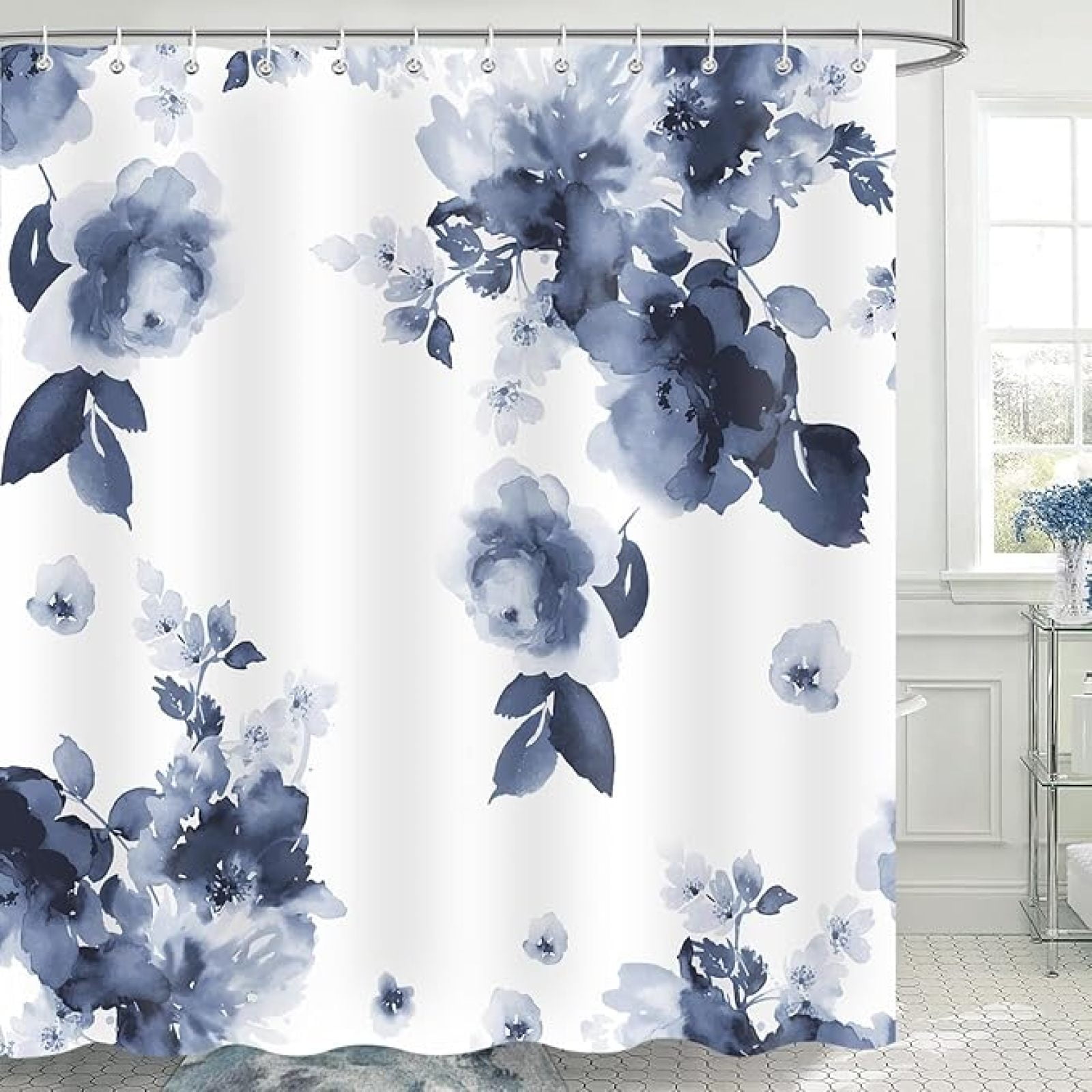Navy Blue Floral Shower Curtain, Modern Abstract Ink Watercolor Flower ...