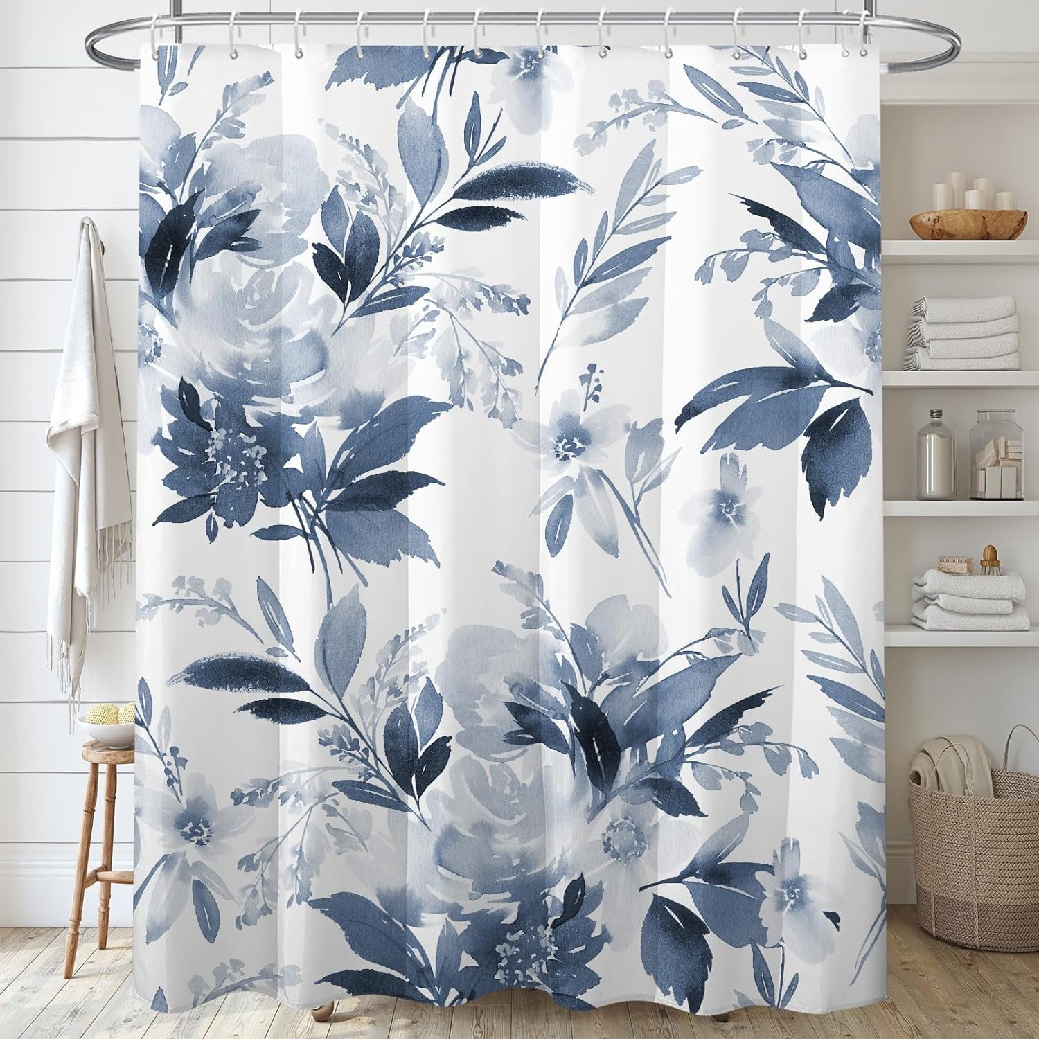 Navy Blue Floral Shower Curtain,Watercolor White Lush Flower Bathroom ...