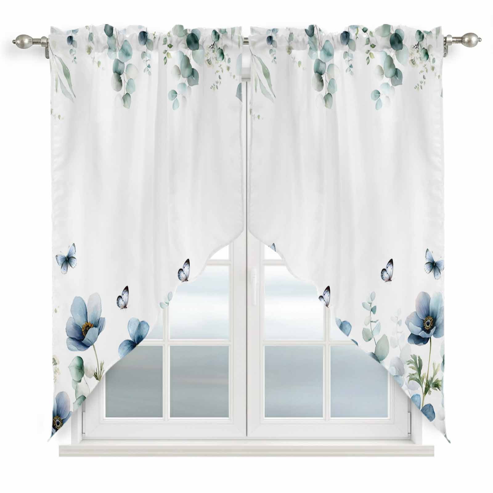 Navy Blue Floral Swag Valances for Windows 2 Pack, Kitchen Window ...