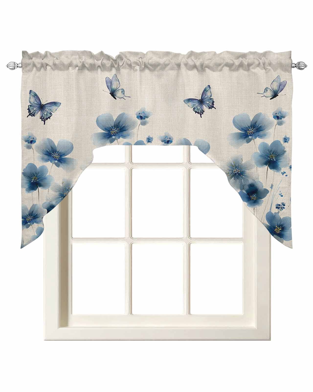 Navy Blue Floral Swag Valances for Windows, Small Curtains Drapes ...