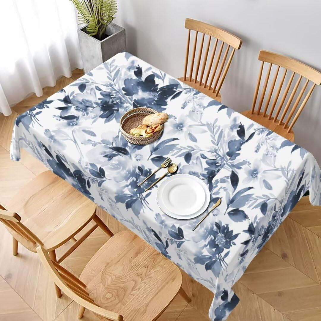 Navy Blue Floral Tablecloth 60 x 84 Inch Rectangle, Dark Blue and White ...