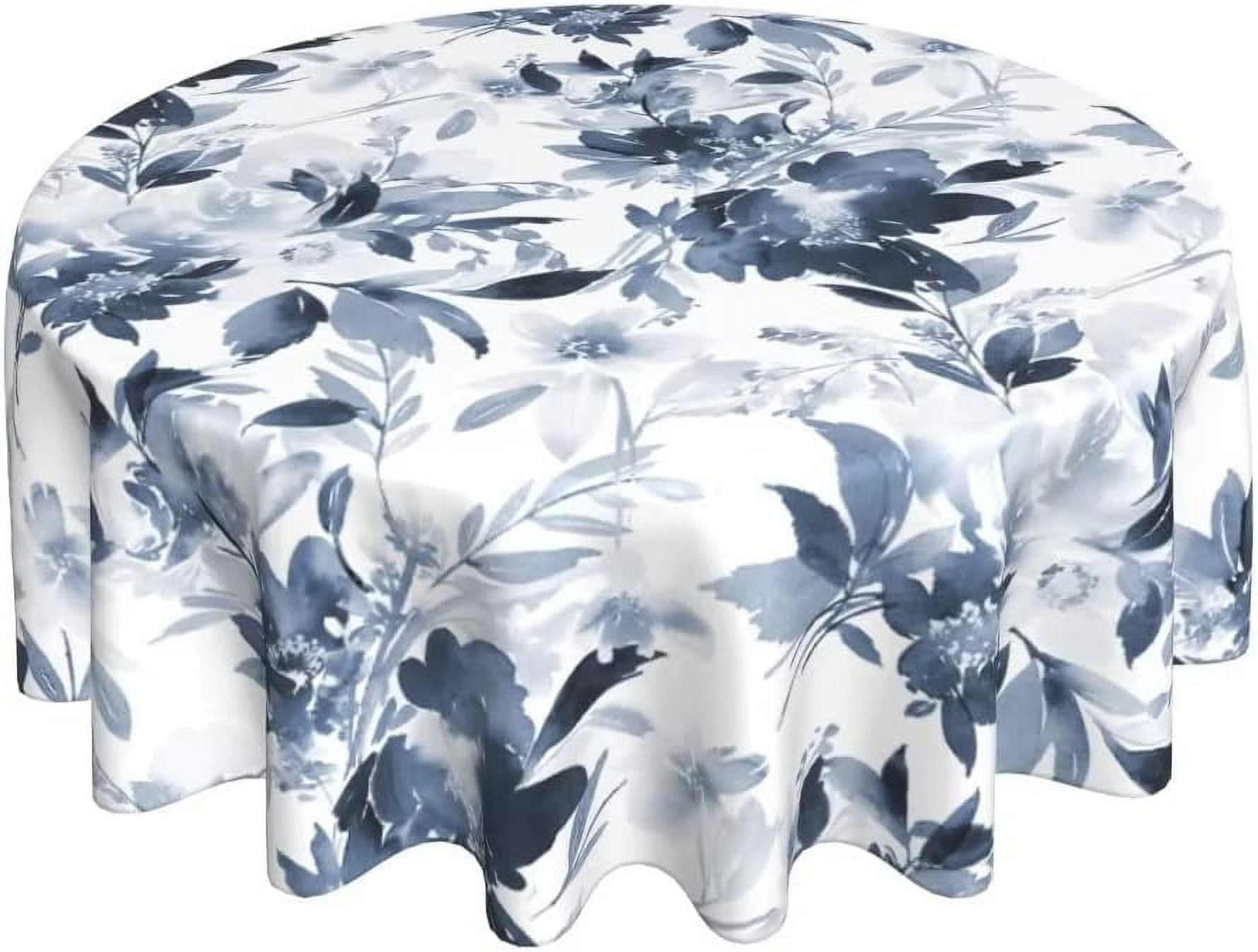 Navy Blue Floral Tablecloth Round 60 Inch, Dark Blue and White Flower ...