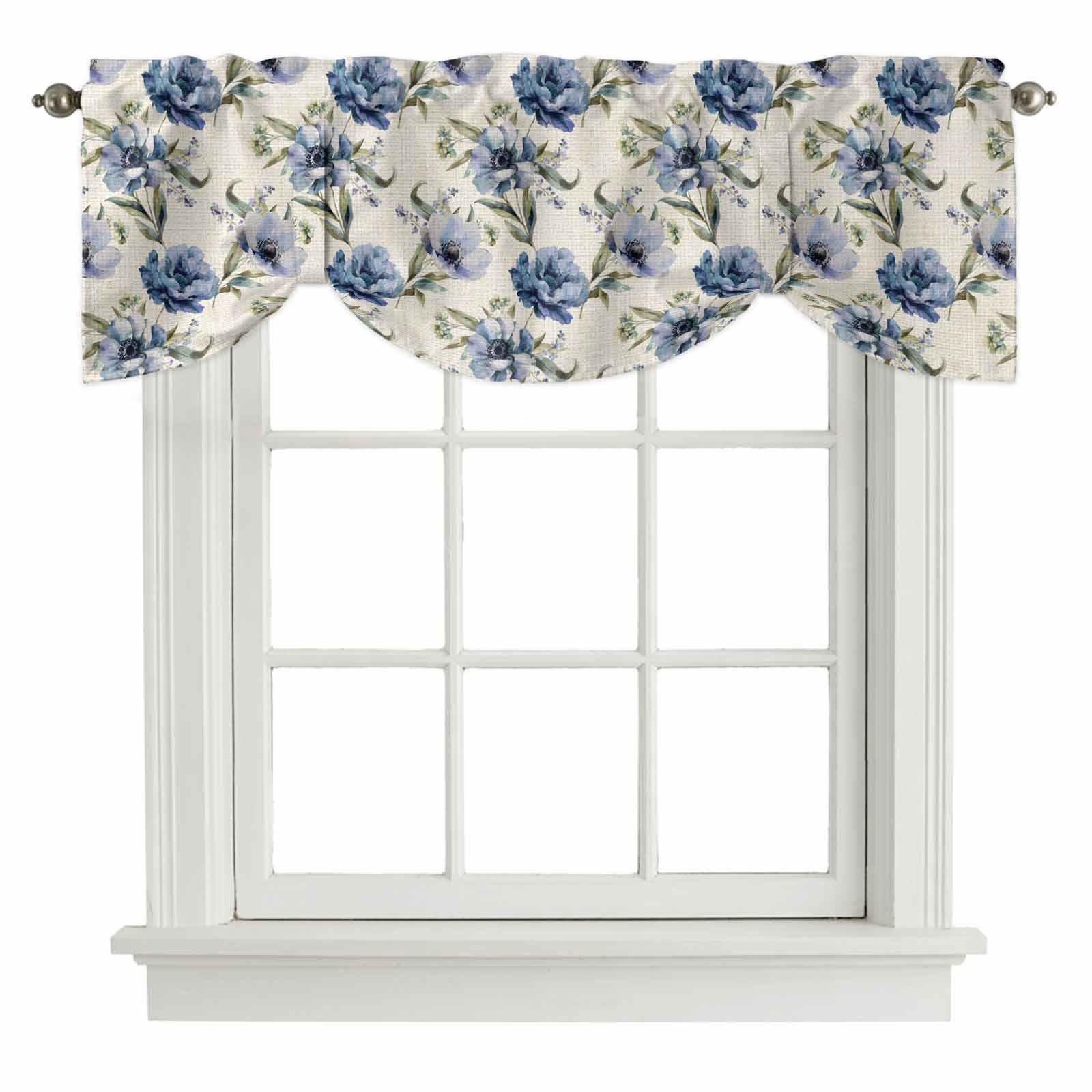 Navy Blue Floral Tie Up Valance Curtains for Windows, Kitchen Curtains ...