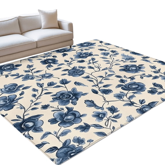 Navy Blue Floral Washable Rug 4x6 Area Rug for Living Room Bedroom Non ...
