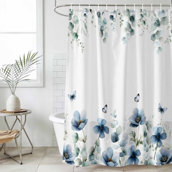 Navy Blue Floral Waterproof Fabric Shower Curtain,Watercolor Eucalyptus ...