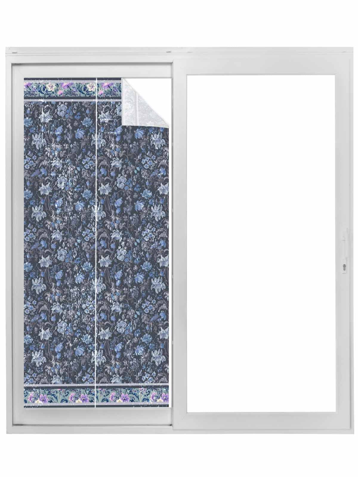 Navy Blue Floral Window Privacy Film, Ethnic Tribe Abstract Art Flowers ...