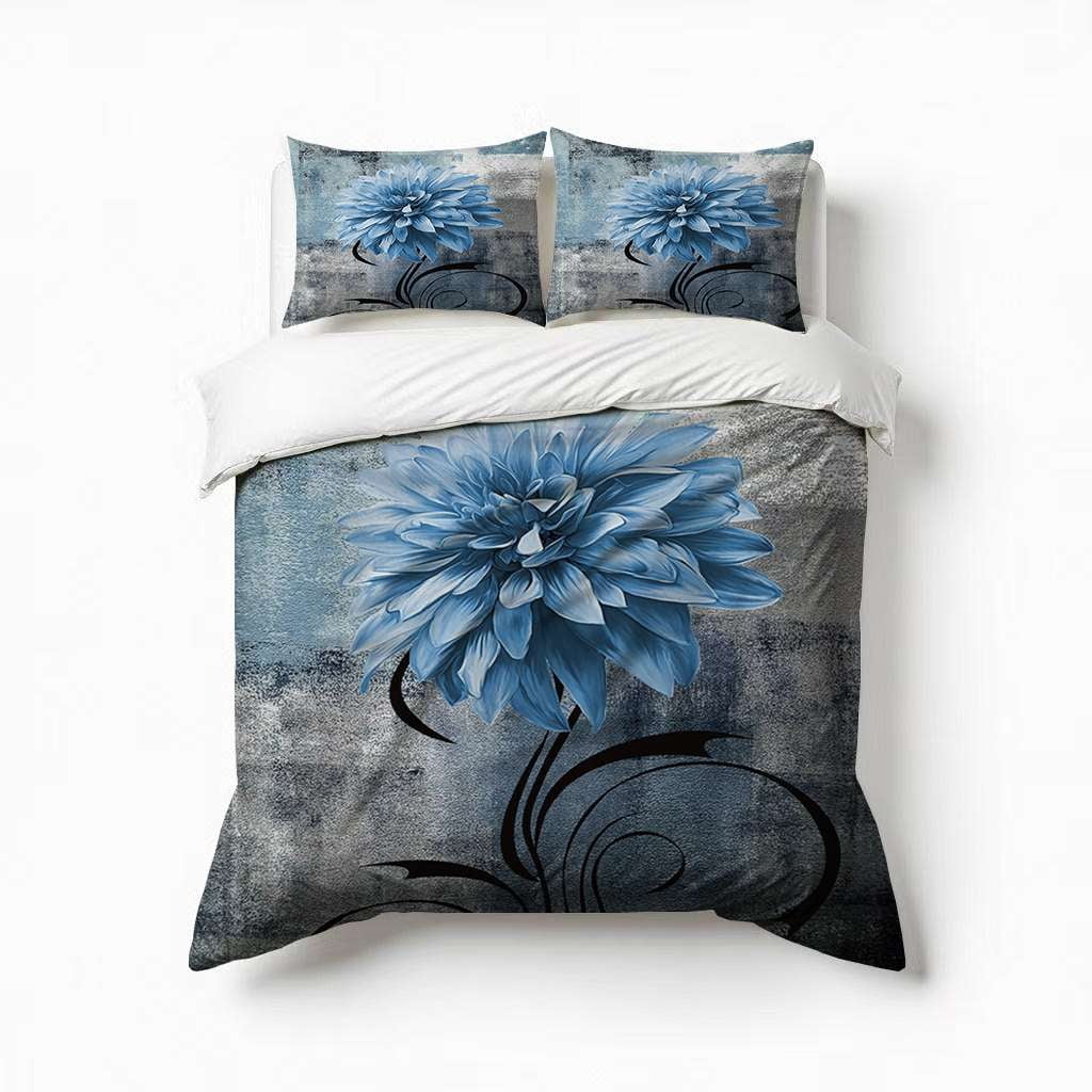 Navy Blue Flower Bedding Set 3 Pcs Soft Microfiber Quilt Cover For ...