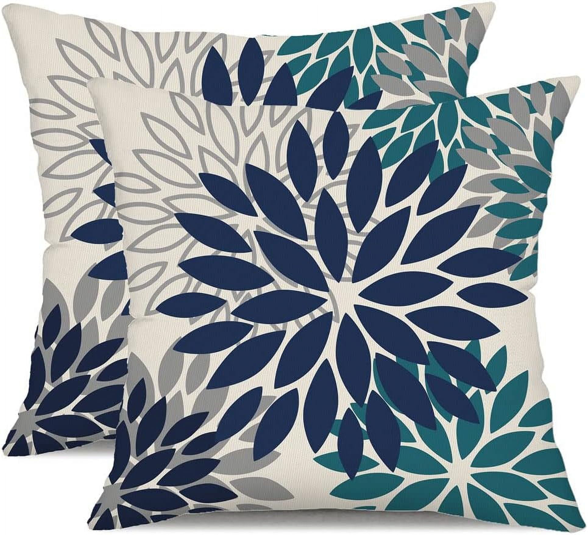 Navy Blue Flower Pillow Covers 20x20 Inch Set of 2 Outdoor Throw ...