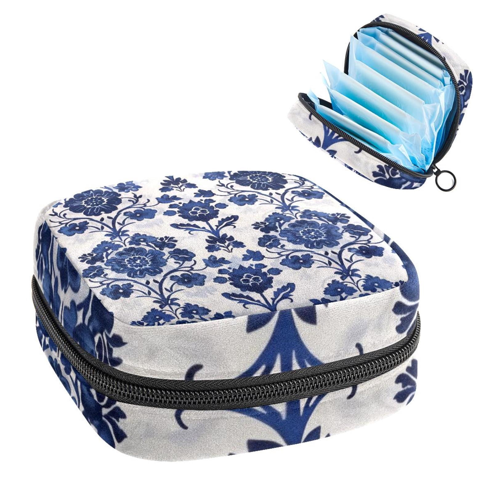 Navy Blue Flower Texture Sanitary Napkin Storage Bag, Zipper Menstrual ...