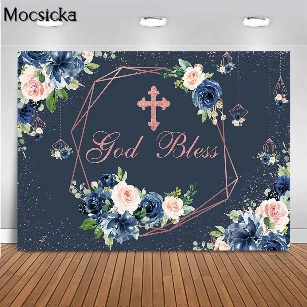 Navy Blue Flowers Baby Baptism Backdrop Glitter Pink God Bless Cross ...