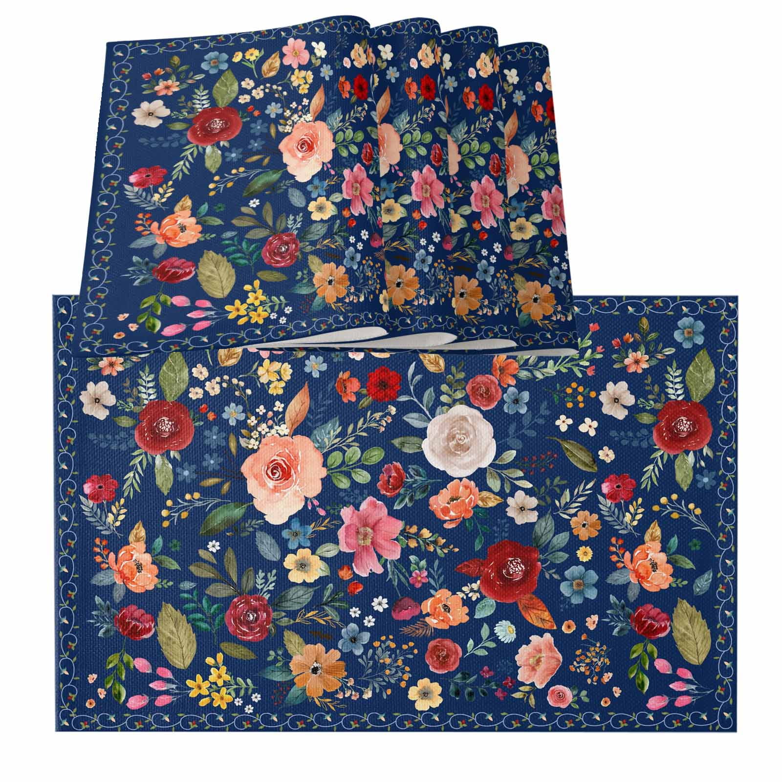 Navy Blue Flowers Placemats for Dinning Table Set of 4, Spring Vintage ...
