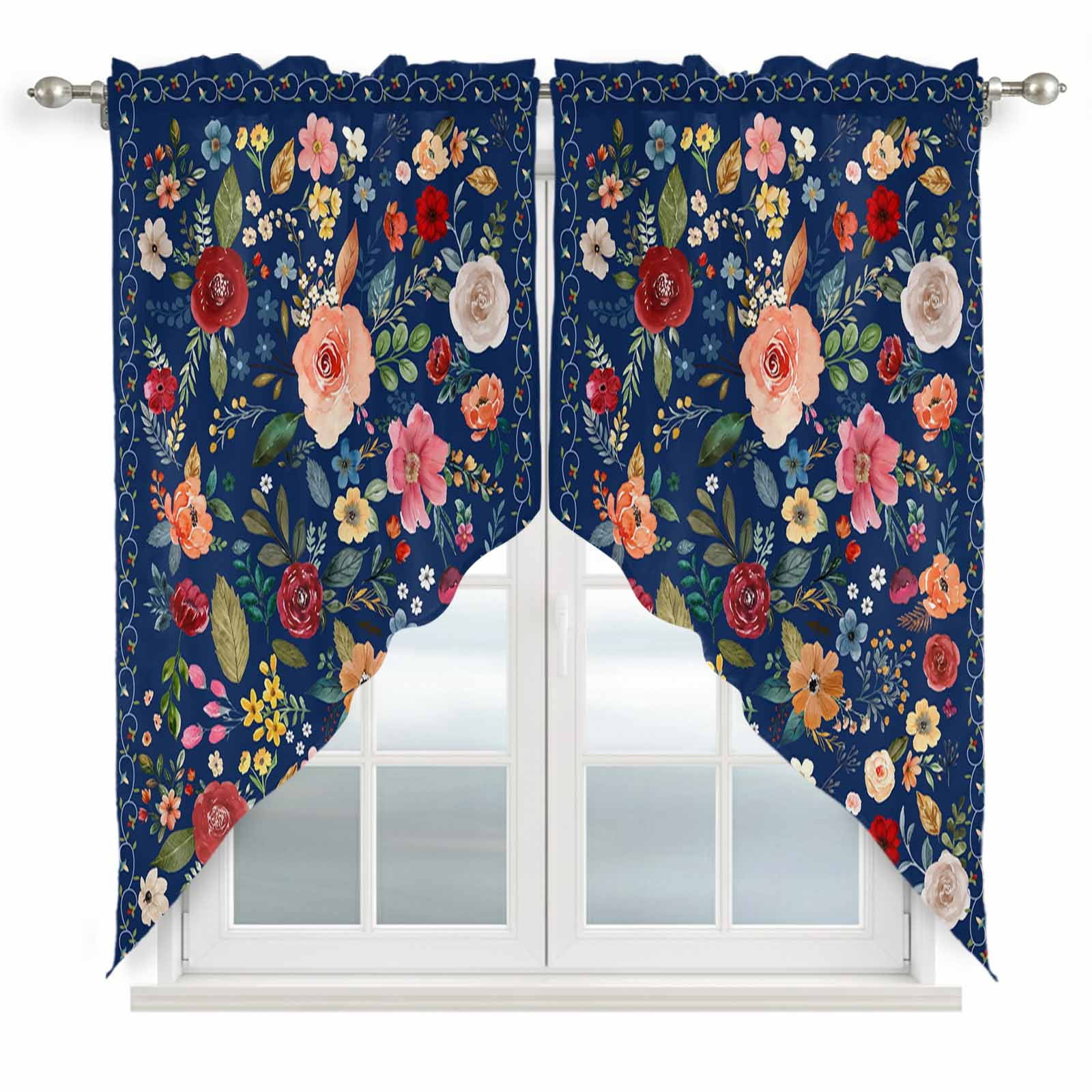 Navy Blue Flowers Swag Valances for Windows 2 Pack, Kitchen Window ...
