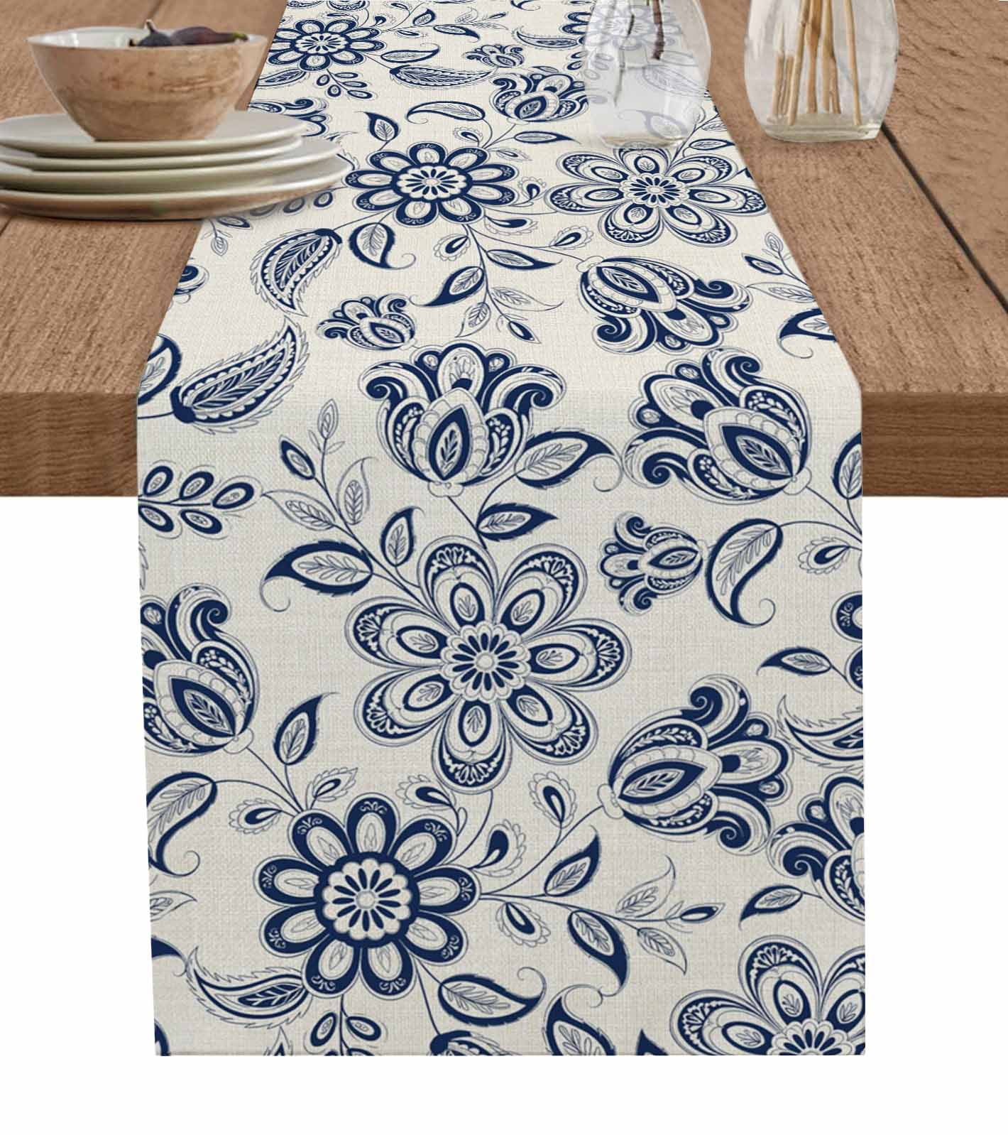 Navy Blue Flowers Table Runner 36 Inches, Retro Ethnic Floral Pastoral ...