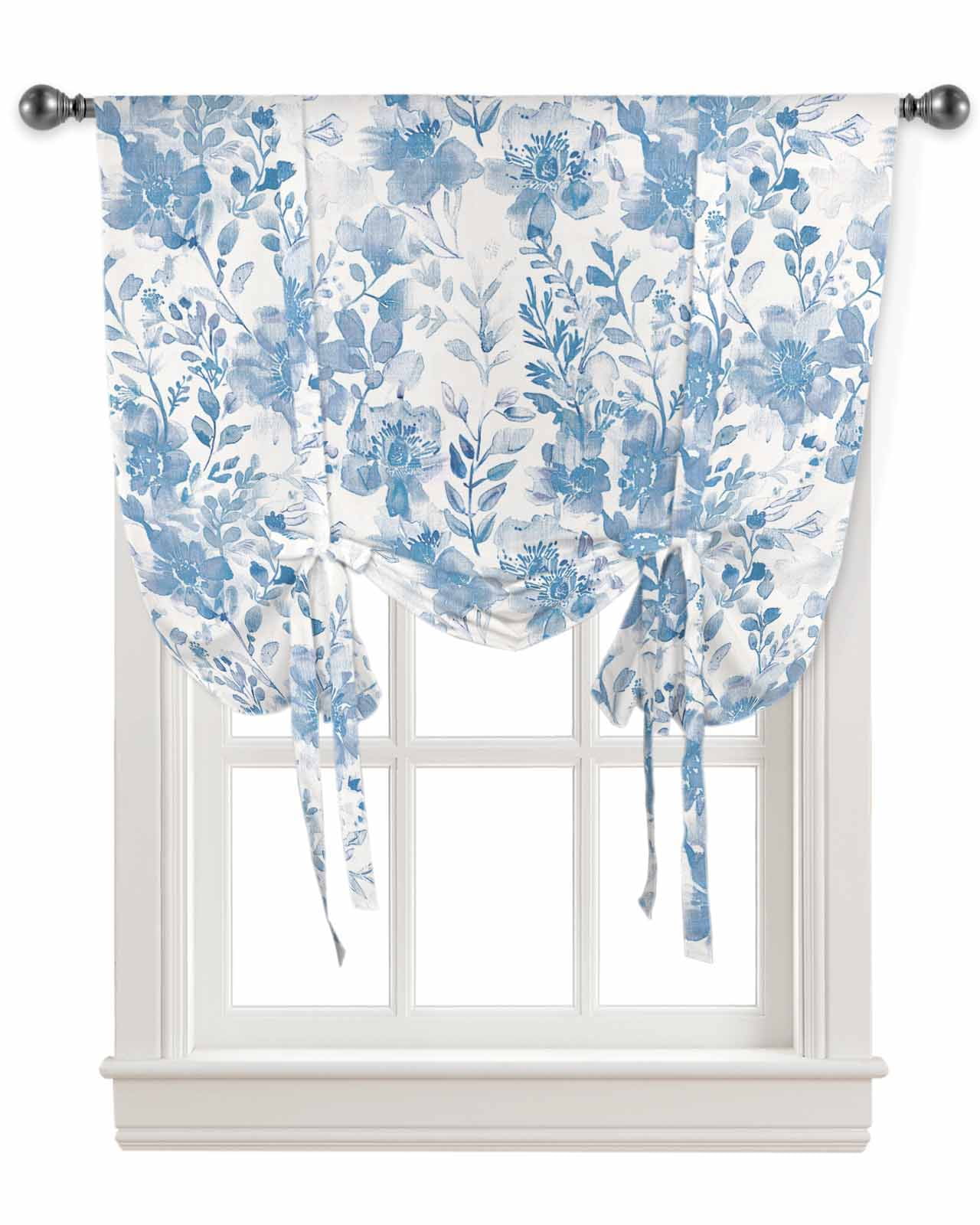 Navy Blue Flowers Tie Up Curtains for Kitchen Bathroom Bedroom Windows ...