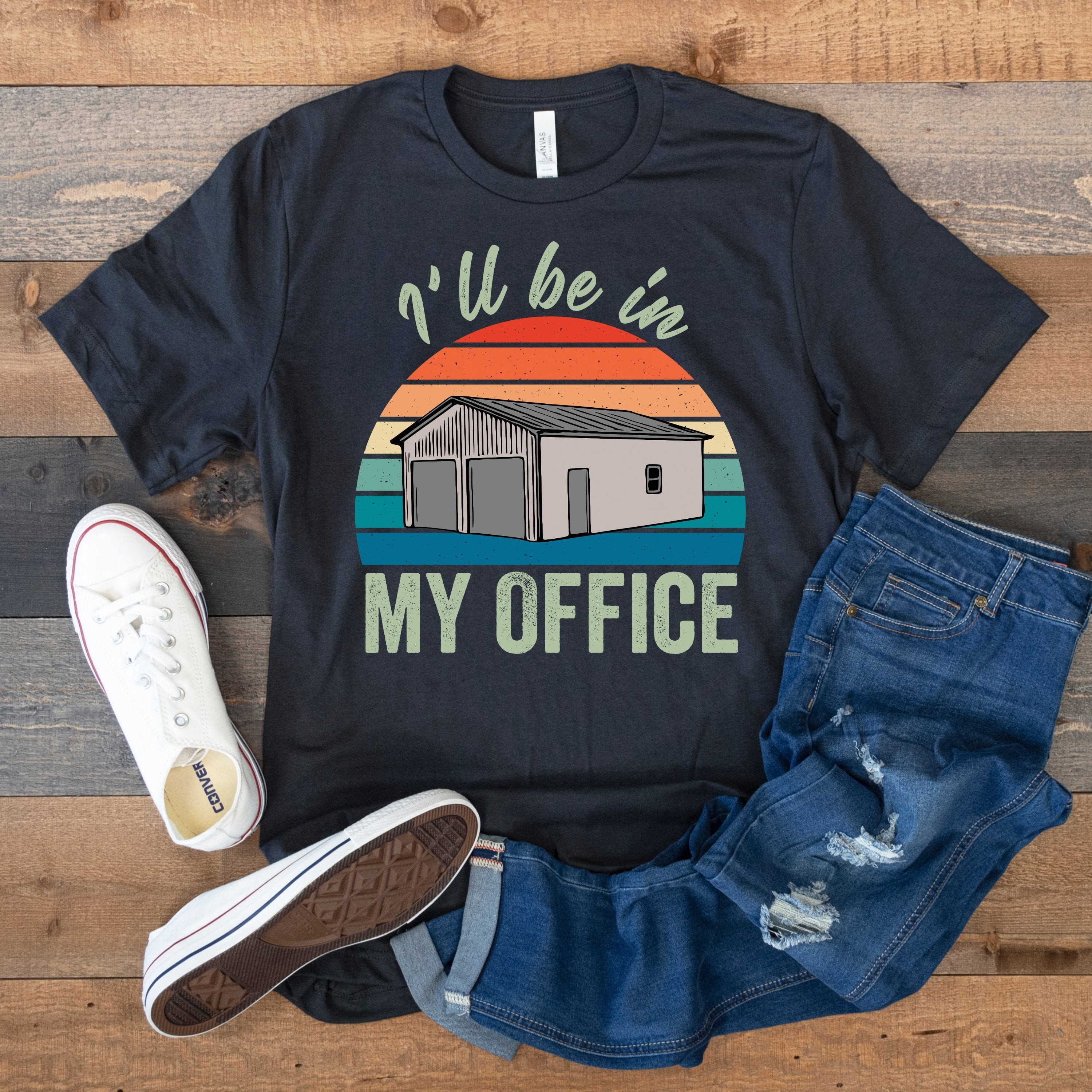 Navy Blue Garage Sunset Graphic T-Shirt | Funny Car Guy Gift for ...