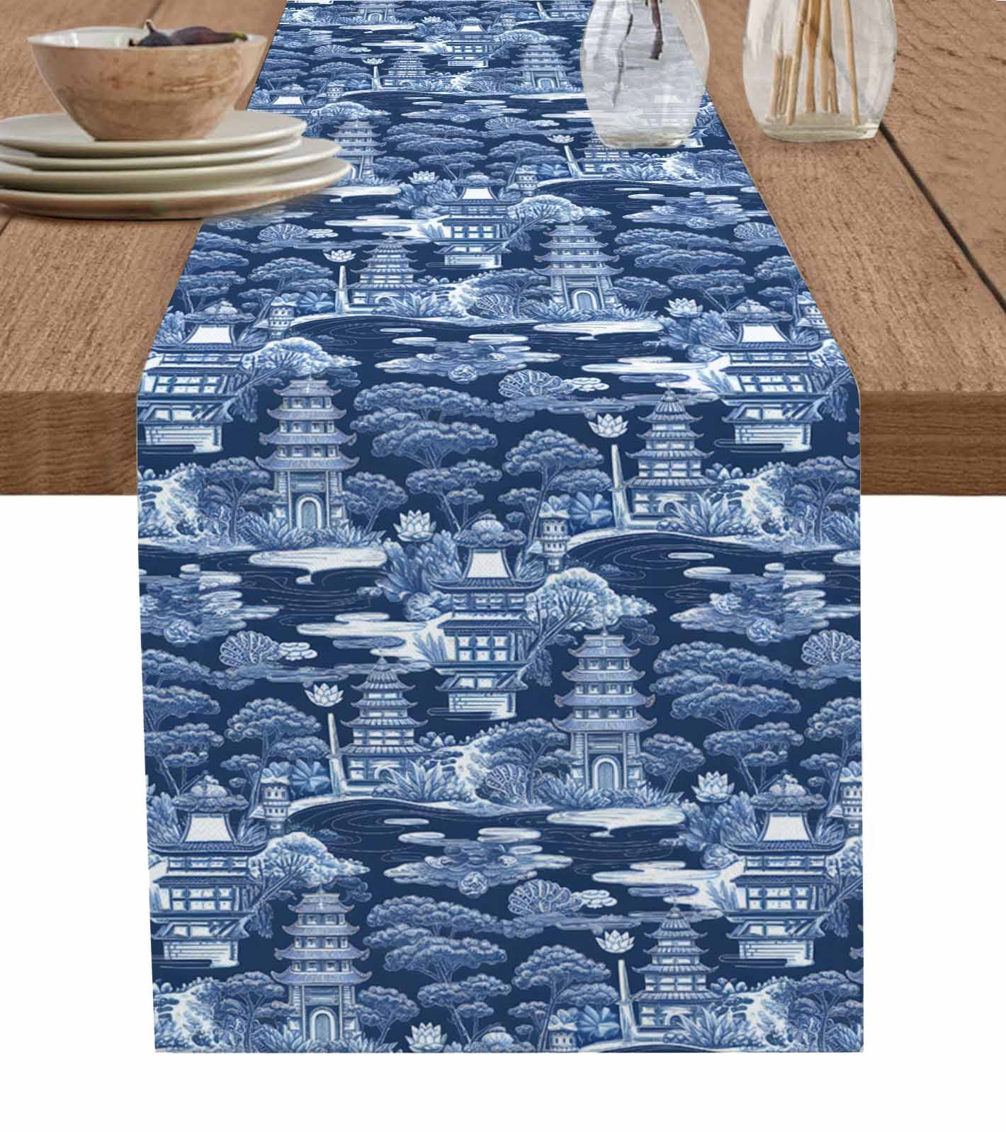 Navy Blue Garden Table Runner 72 Inches, Modern Art Building Trees ...