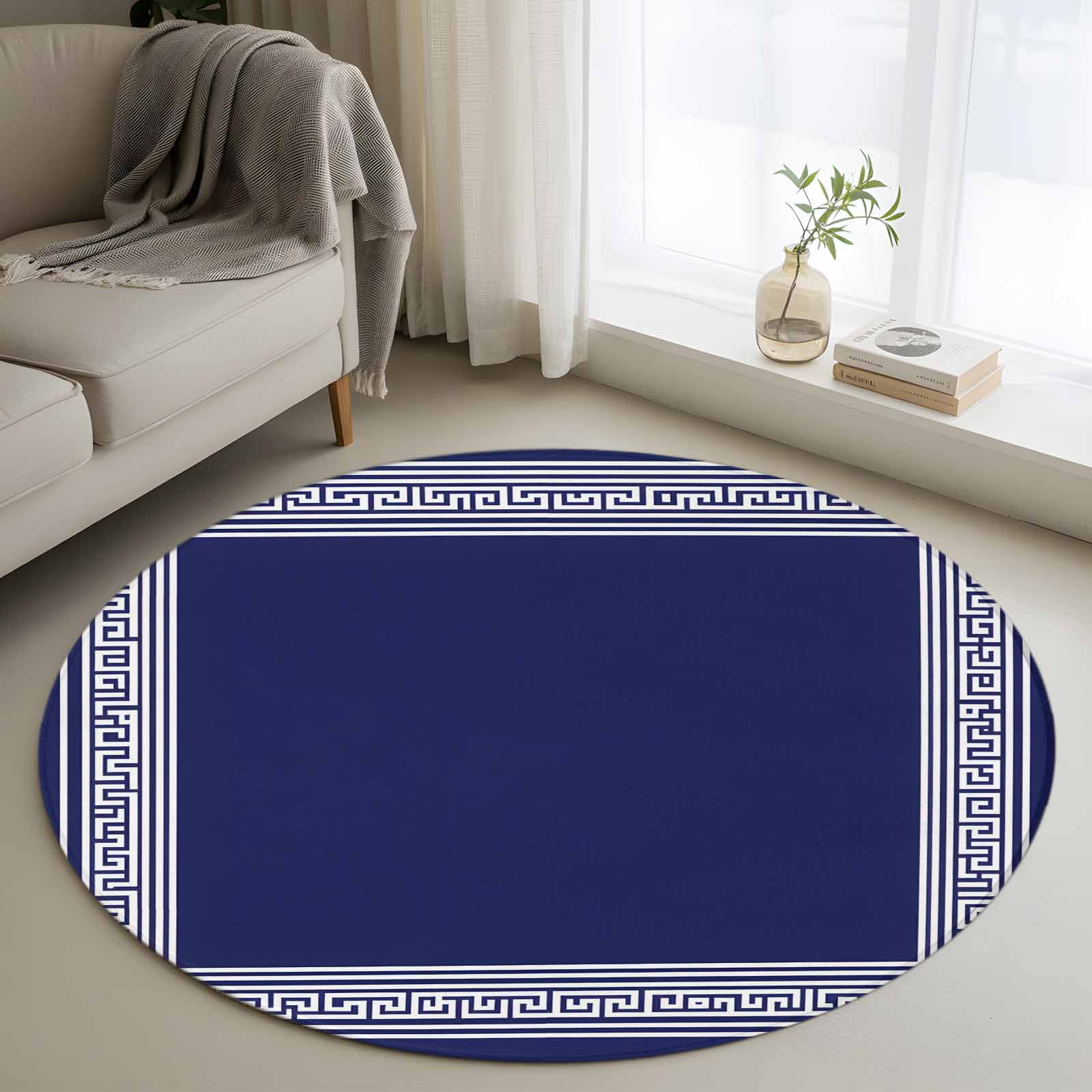 Navy Blue Geometric 3.3ft Round Rug, White Greek Key Design Abstract ...