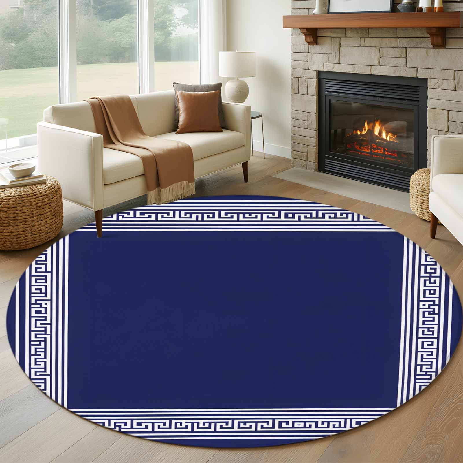Navy Blue Geometric 5ft Round Rug, White Greek Key Design Abstract ...
