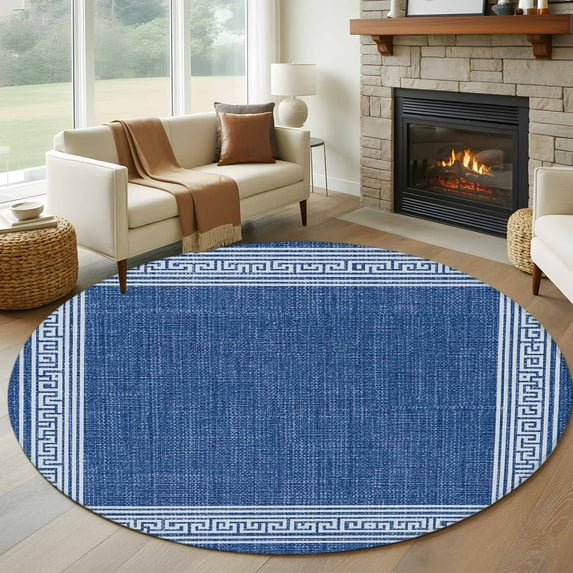 Navy Blue Geometric 7ft Round Rug, White Greek Key Design Burlap Modern ...