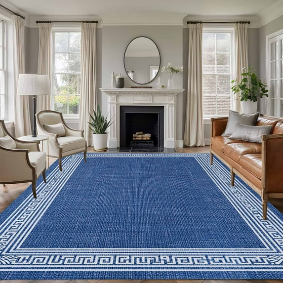 Navy Blue Geometric 8x10 Area Rugs, White Greek Key Design Burlap ...
