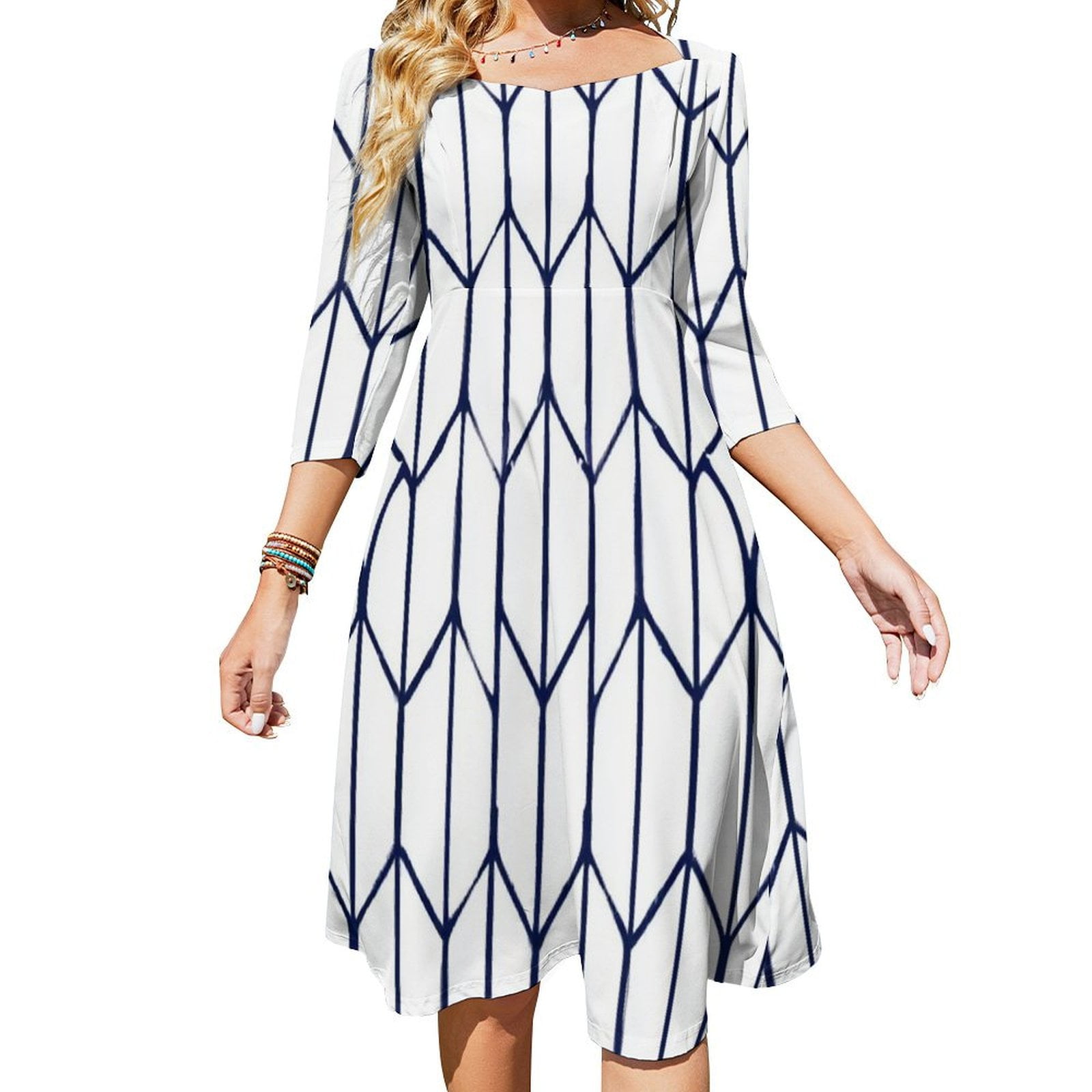 Navy Blue Geometric Pattern Design Sweetheart Knot Flared Dress Fashion ...