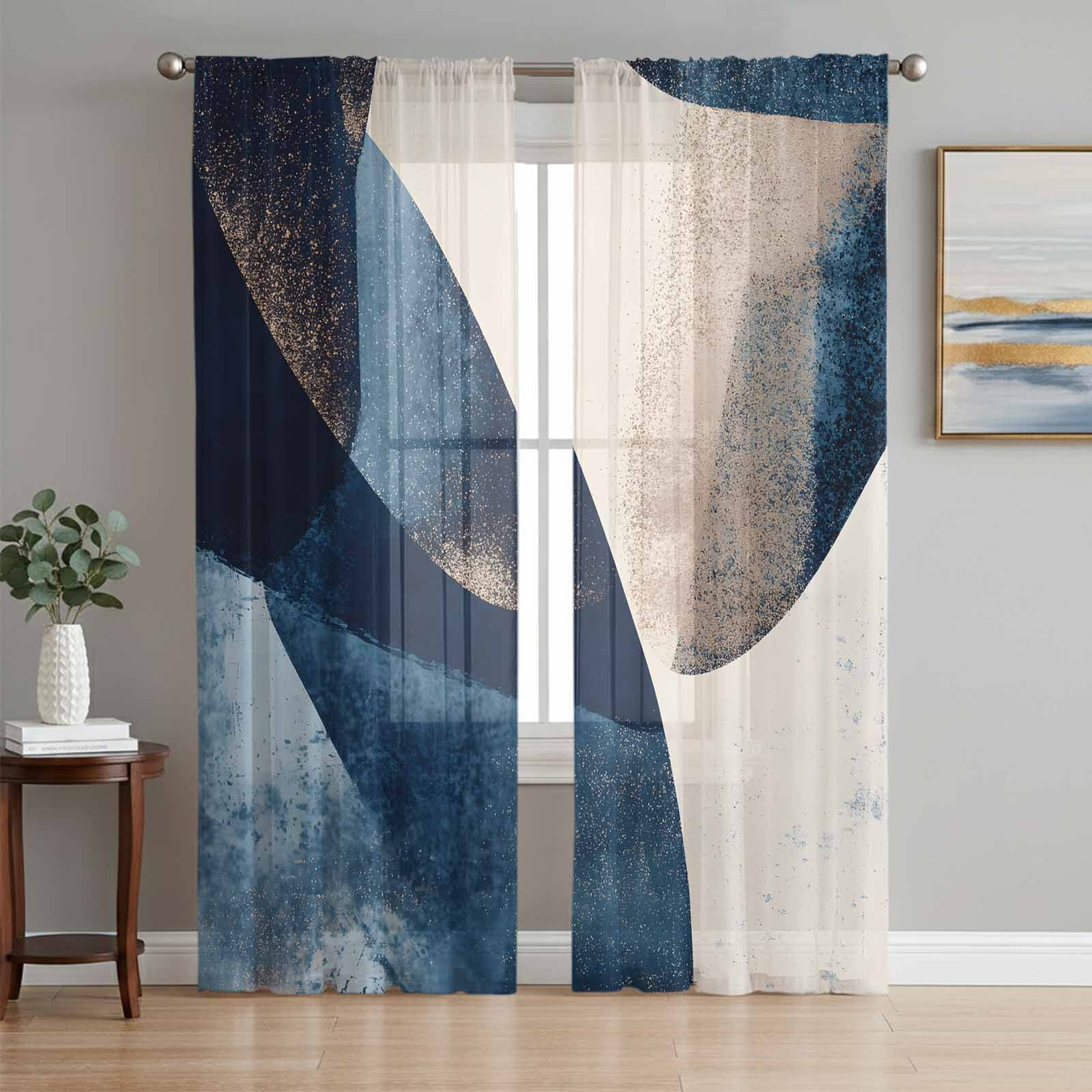 Navy Blue Geometric Semi Sheer Curtains 108 Inch Length 2 Panels Set ...
