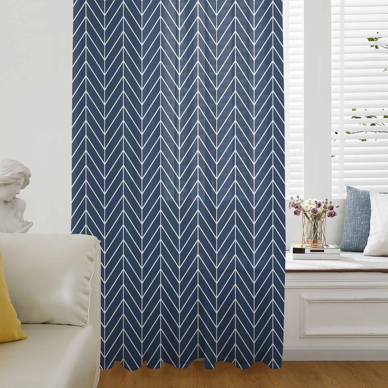 Navy Blue Geometric Semi Sheer Curtains Drapes for Living Room,Bedroom ...