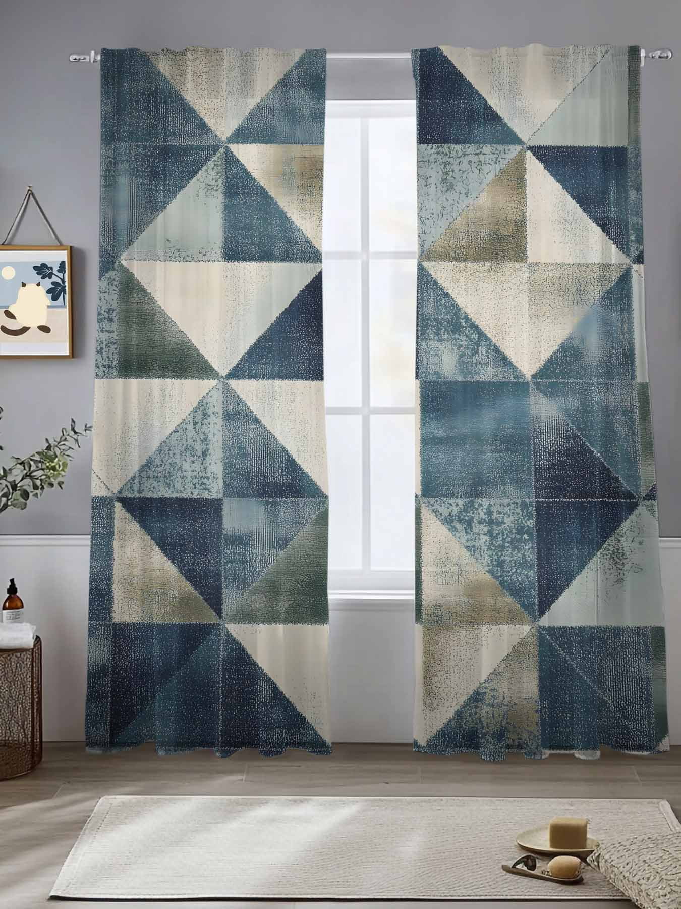 Navy Blue Geometric Sheer Curtains for Living Room Bedroom Rhombus ...