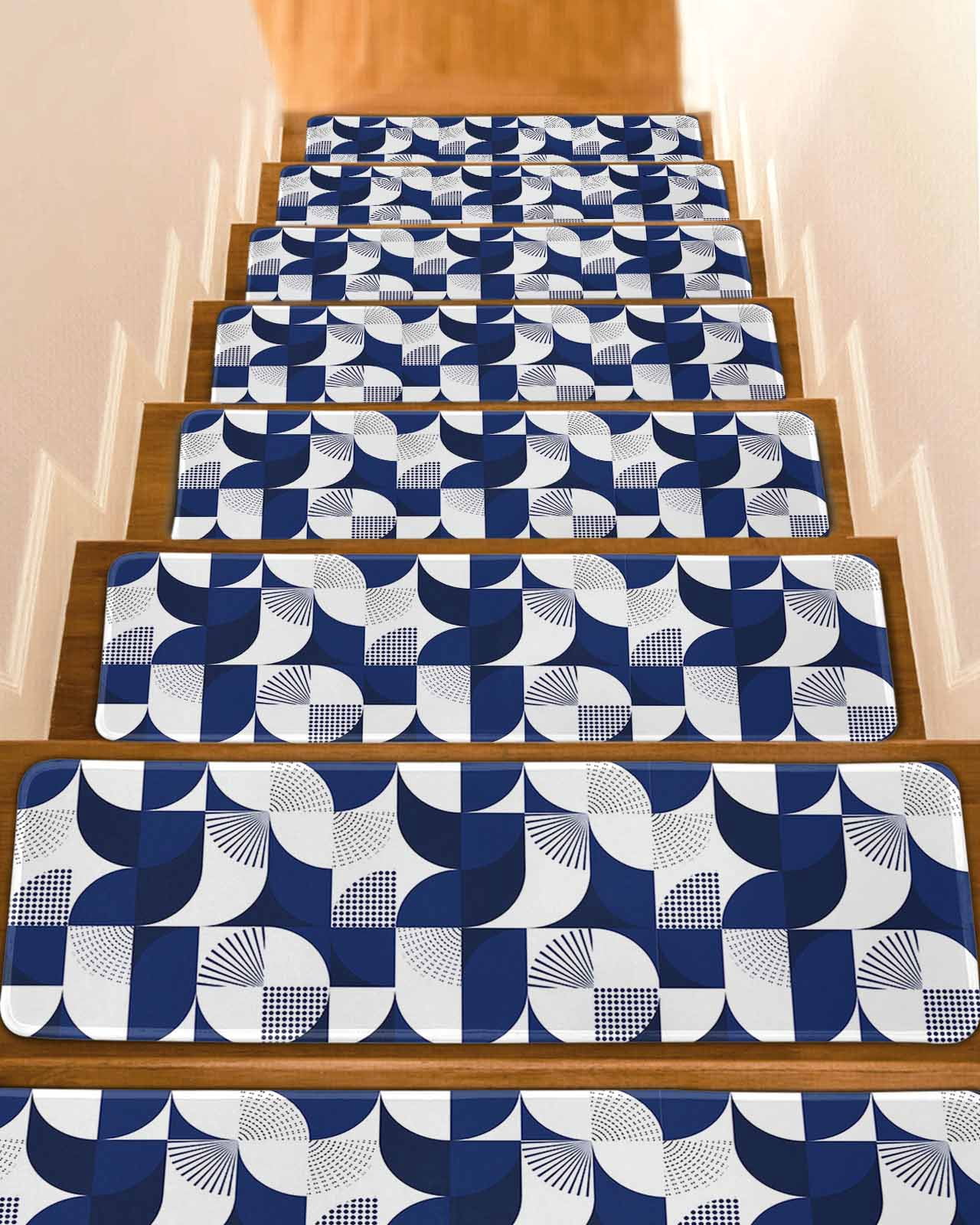 Navy Blue Geometric Stair Treads for Wooden Steps Indoor Runner Rug ...