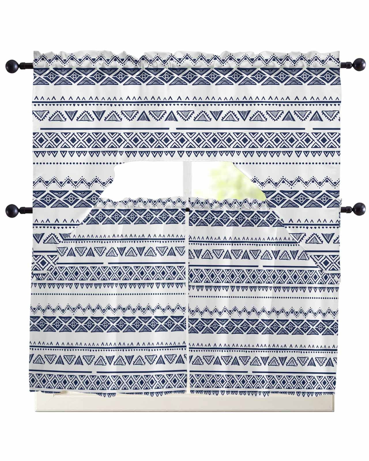 Navy Blue Geometric Swag Valance and Tier Curtains Set Modern Art ...